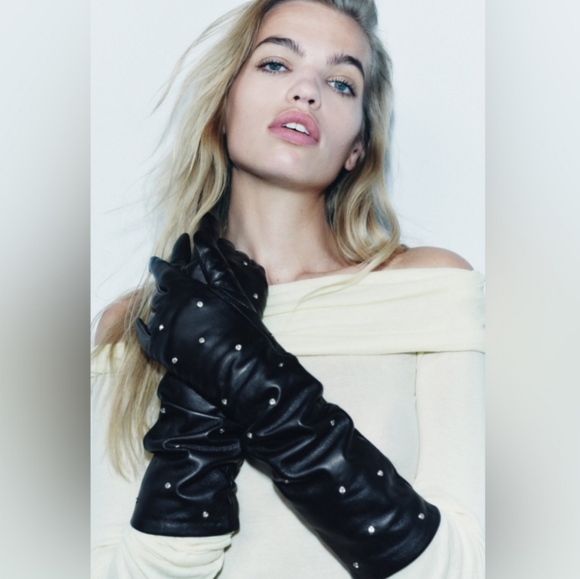 Zara | Accessories | Zara Jewel Leather Gloves With Jewel Studs 224 ...